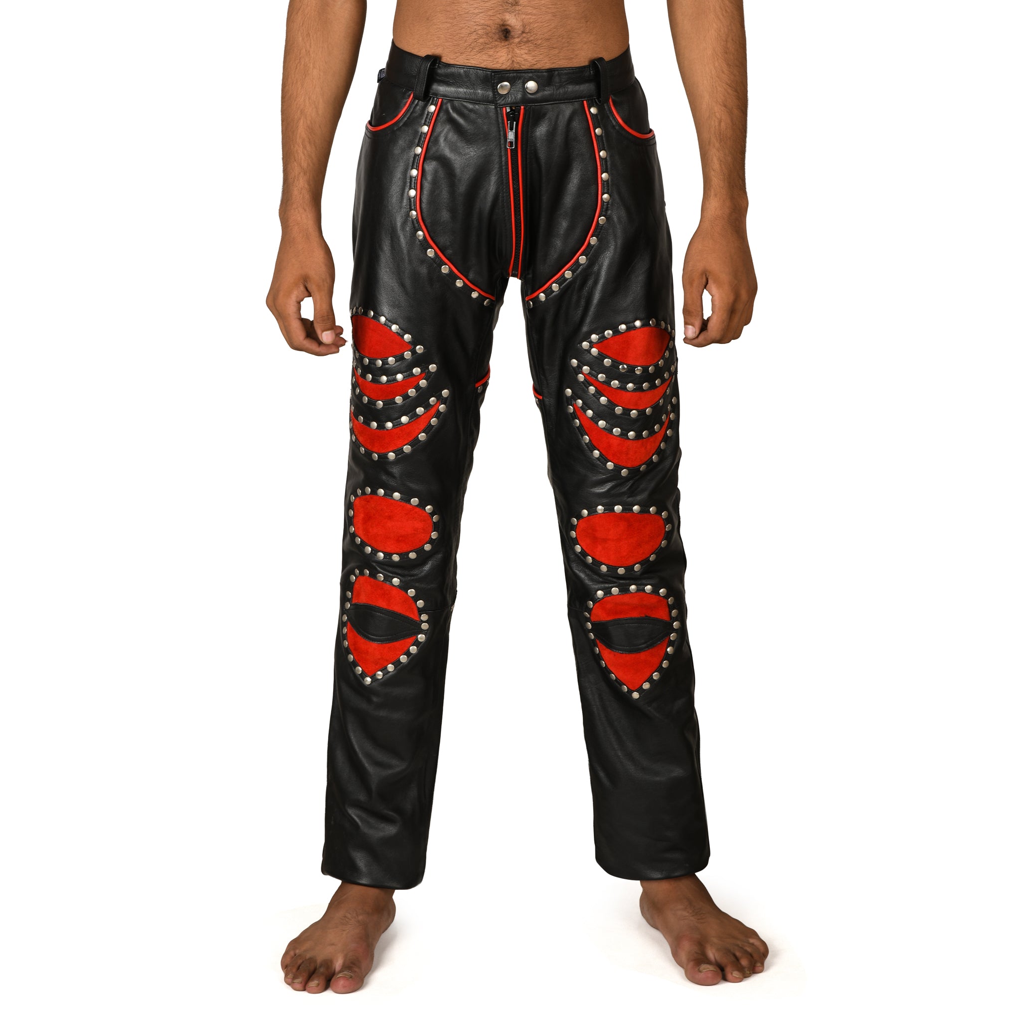 Studded Leather Pants with Red Suede Panels – Good Luck Leather